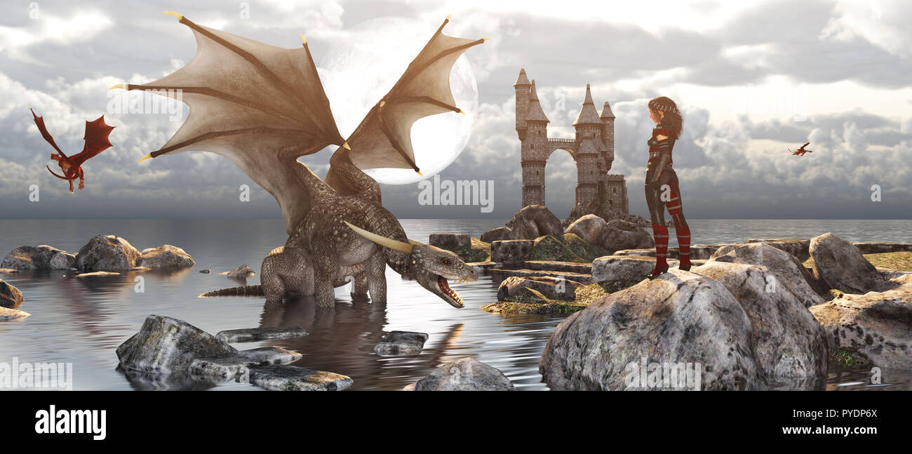 3d Fantasy dragon resting on the water with woman or dragon keeper stay ...