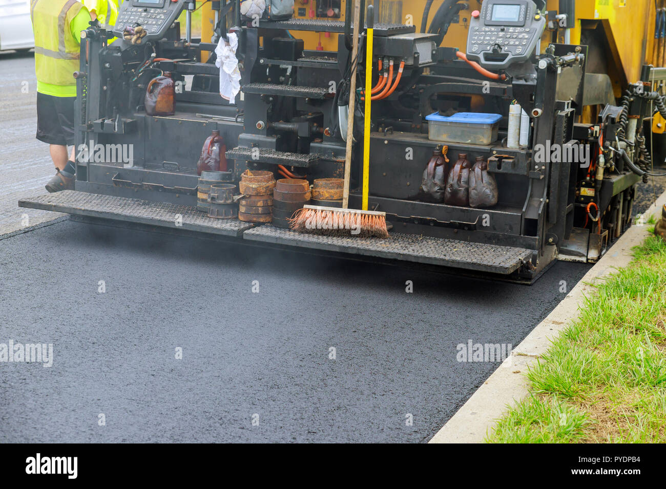 Detail of asphalt paver machine during road industrial pavement truck ...