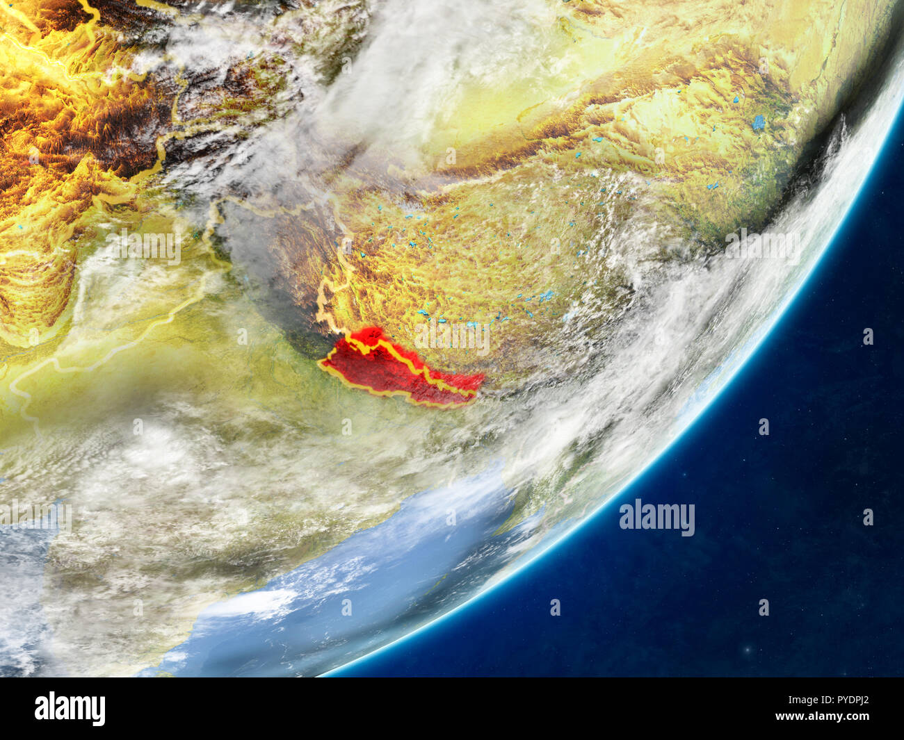 Nepal on model of planet Earth with country borders and very detailed ...