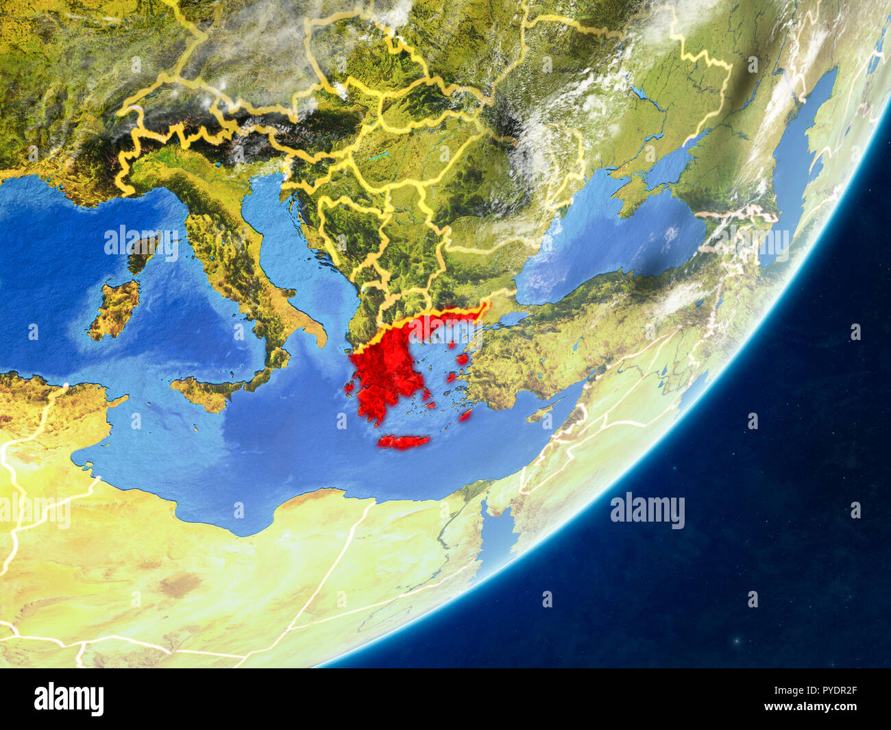 Greece on model of planet Earth with country borders and very detailed ...