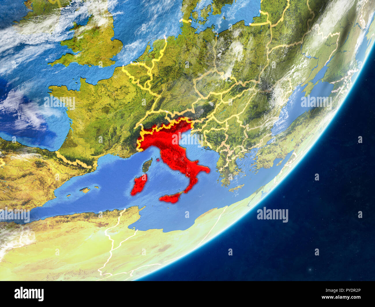 Italy on model of planet Earth with country borders and very detailed ...