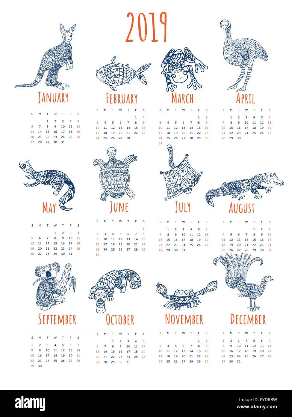Calendar for 2019 with australian animals. Stylized tribal animal ...