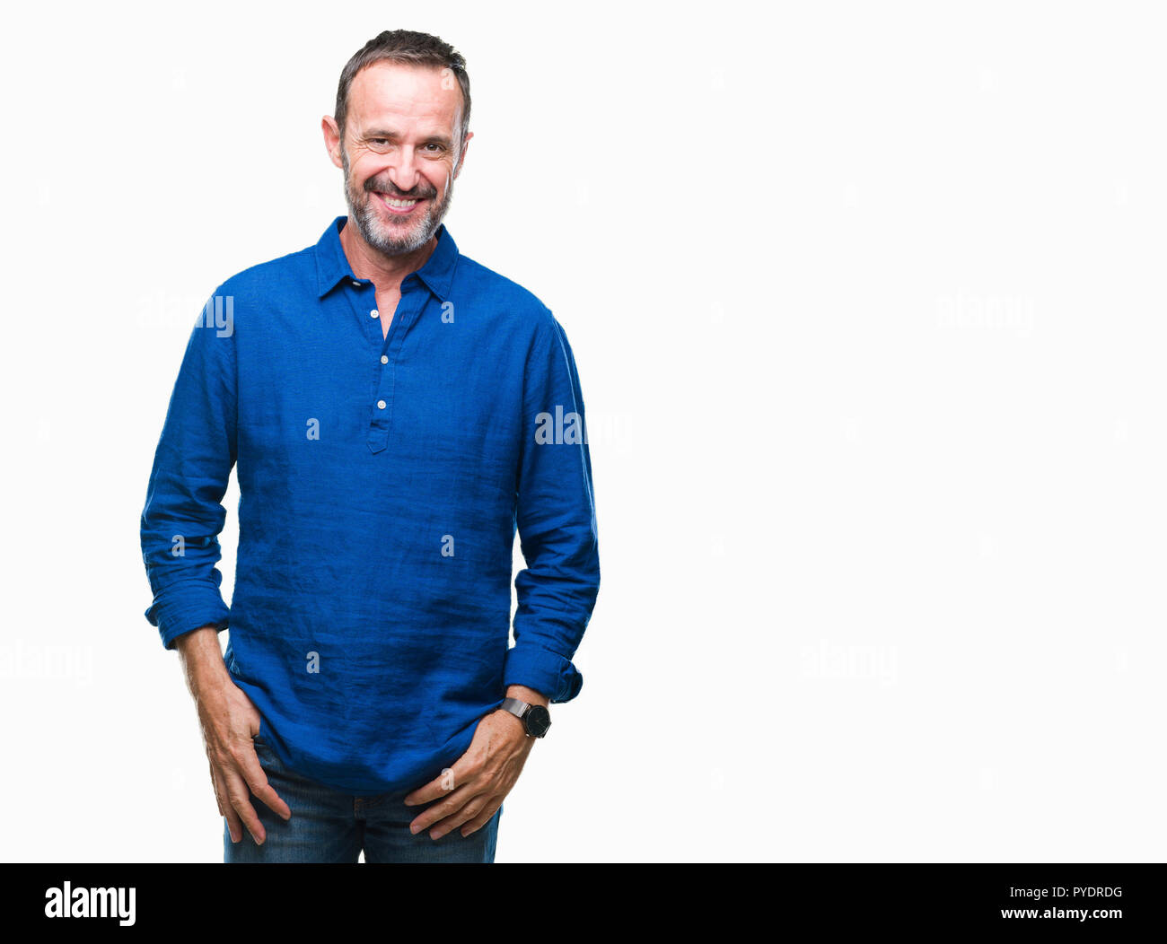 Middle age hoary senior man over isolated background with a happy and ...