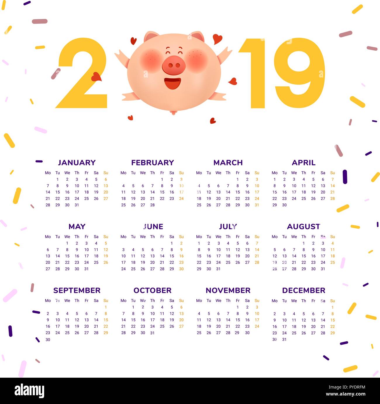 Calendar for 2019. Colored numbers with a jolly fat pig and hearts ...