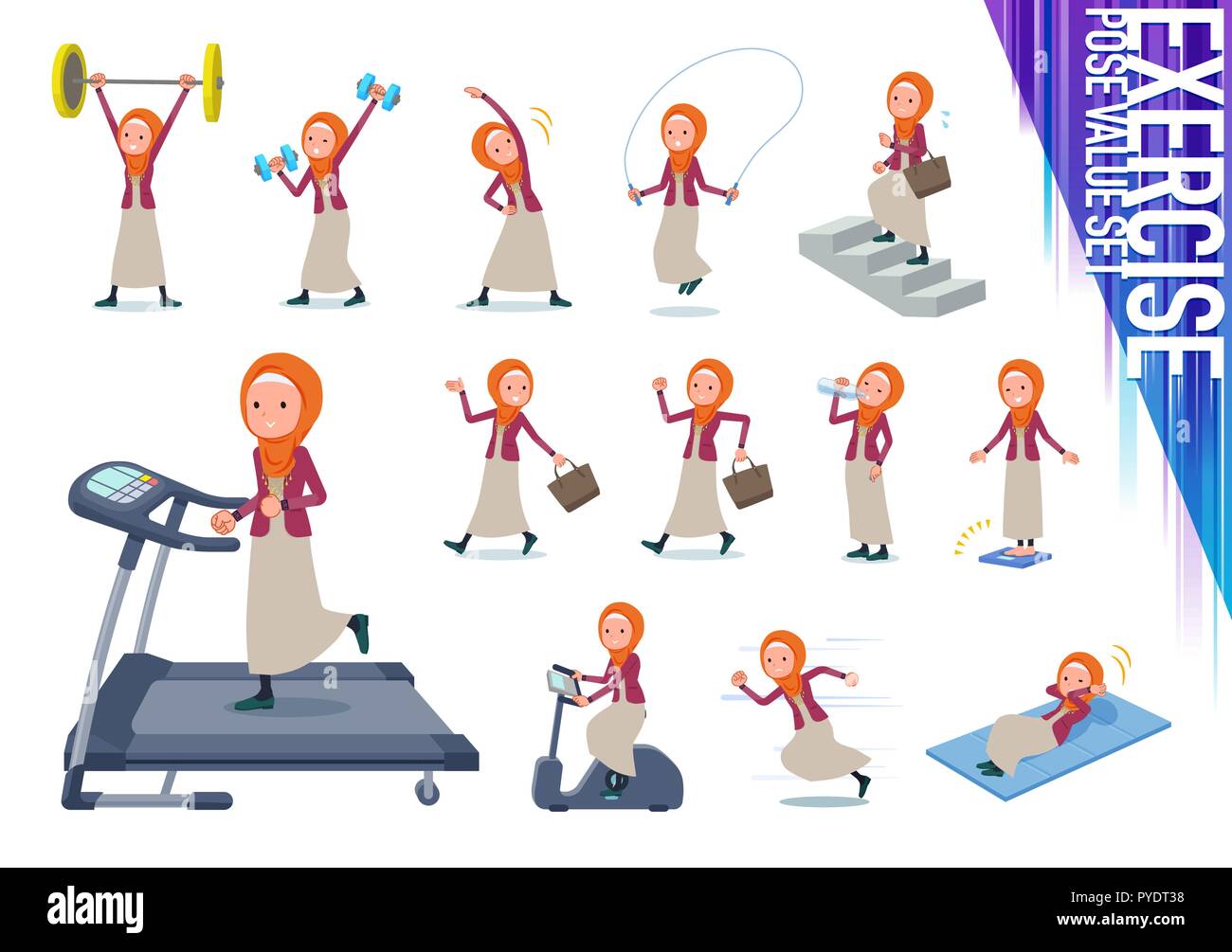 A set of women wearing hijab on exercise and sports.There are various ...