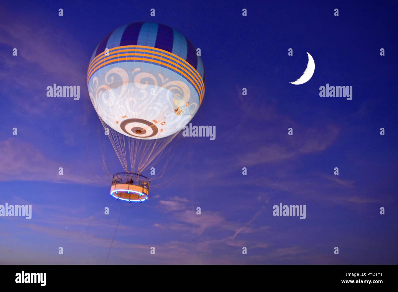 Orlando, Florida. October 13, 2018. Air balloon and half moon on ...