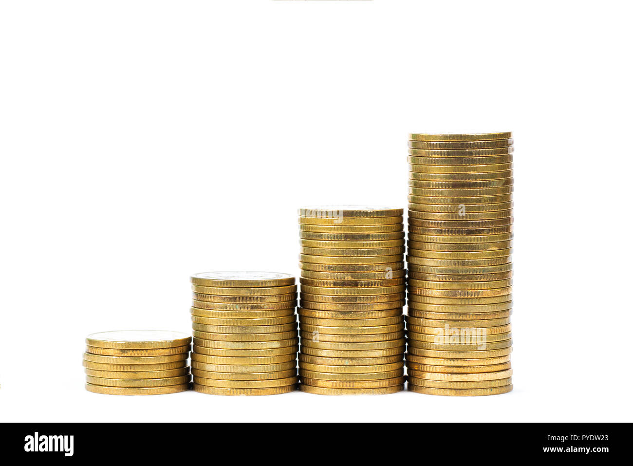 Savings, increasing columns of gold coins, piles of gold coins arranged ...