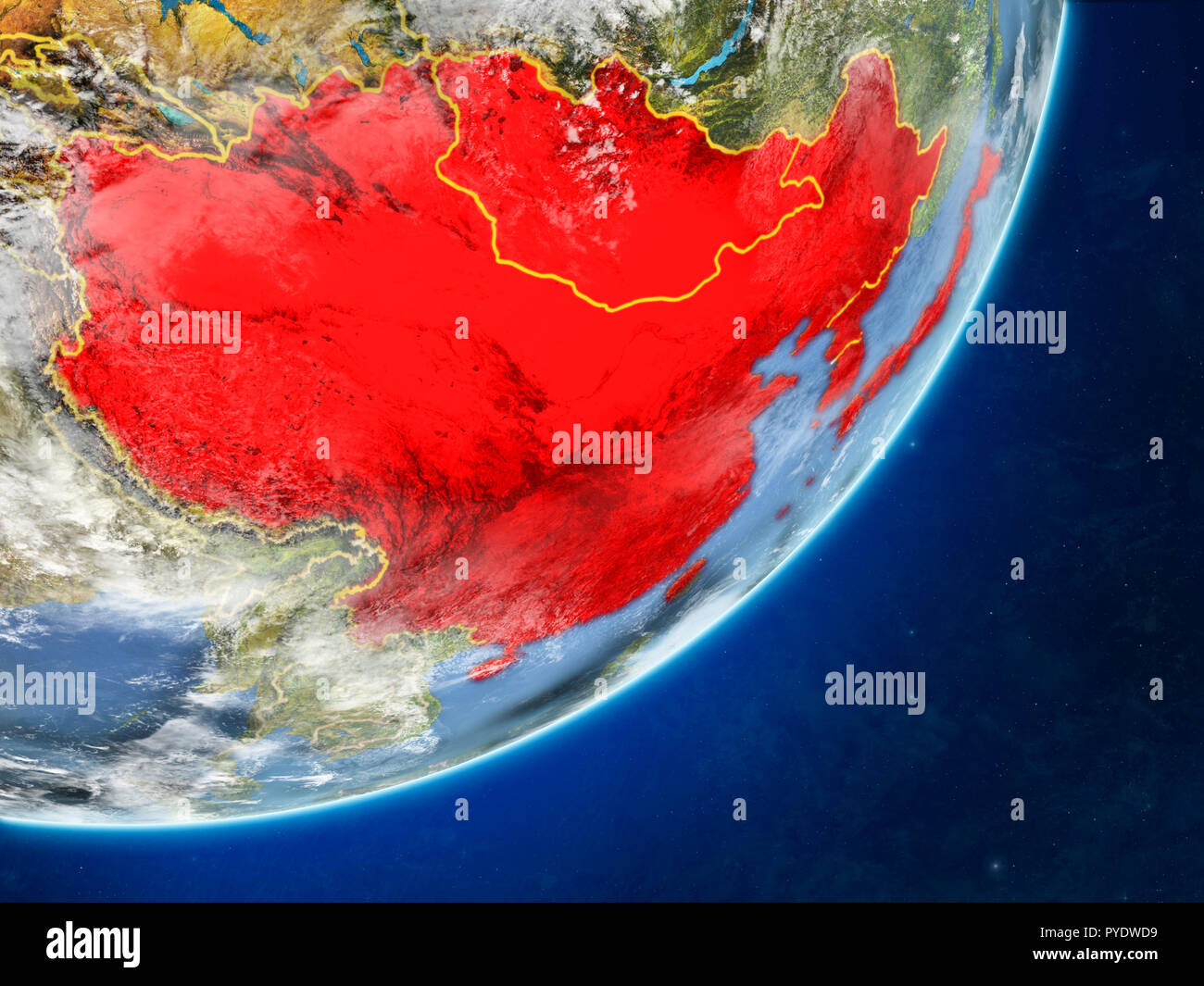 East Asia on model of planet Earth with country borders and very ...