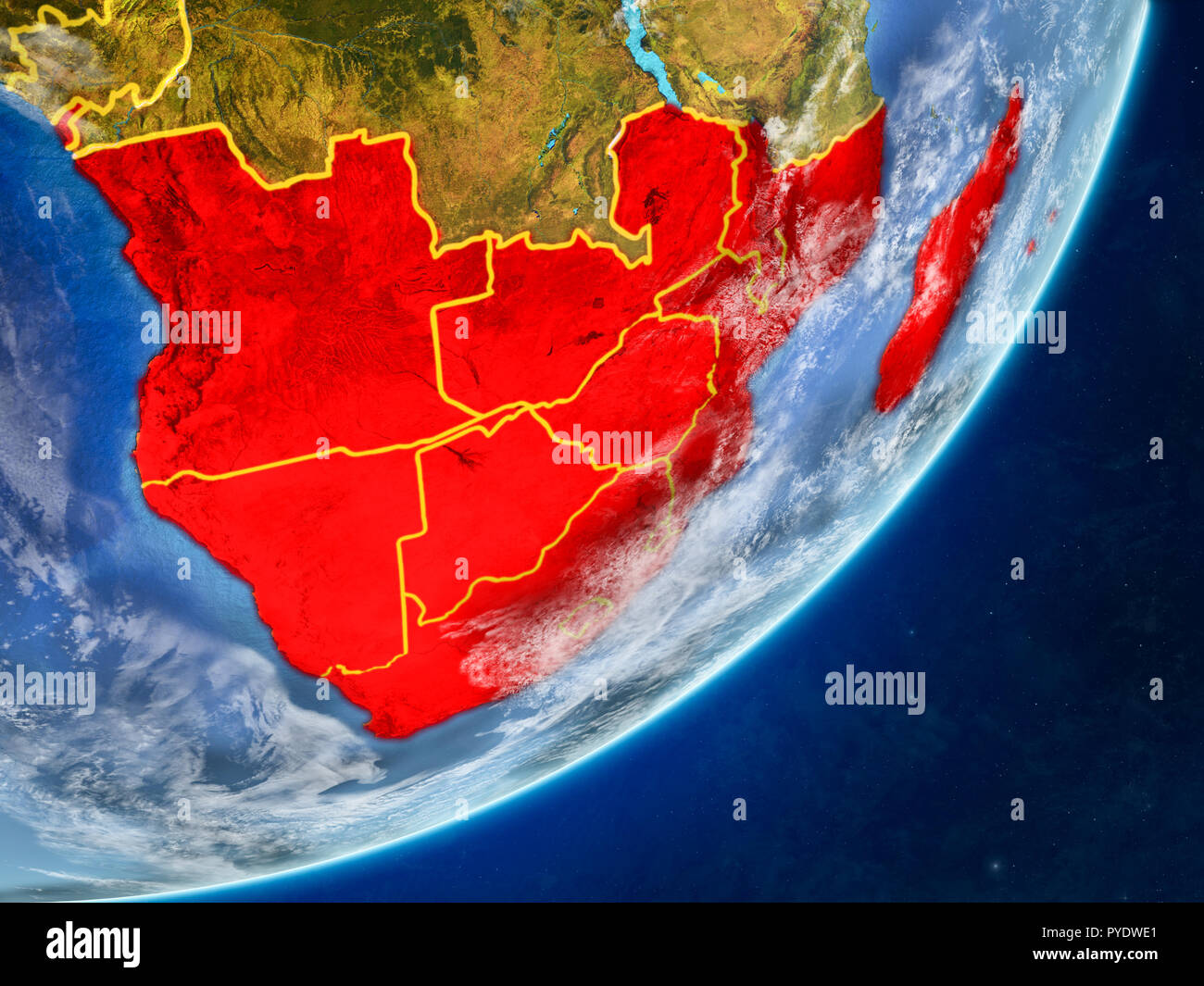 Southern Africa on model of planet Earth with country borders and very ...