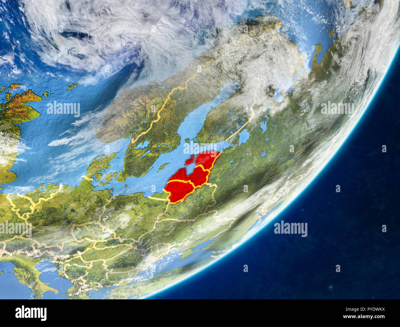 Baltic States on model of planet Earth with country borders and very ...