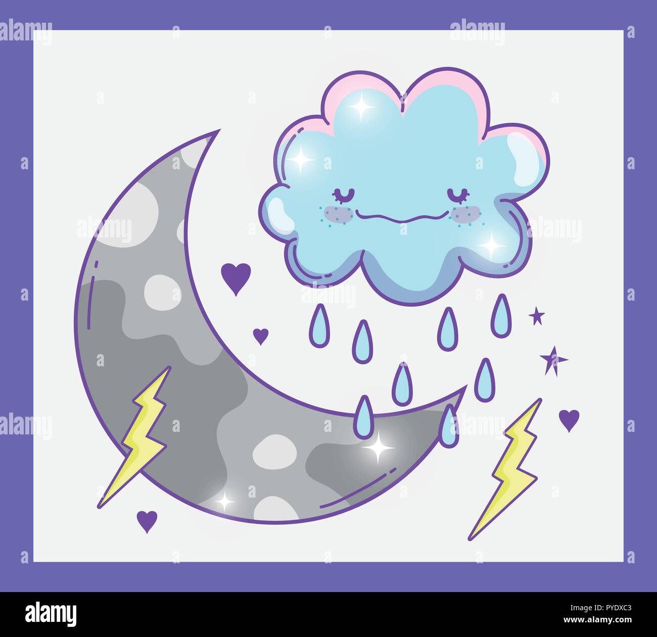 kawaii fluffy cloud raining with thunder and moon Stock Vector Image ...