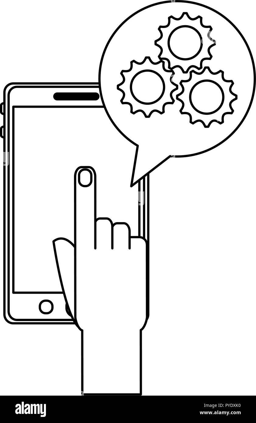 Hand pointing smartphone screen with gears in black and white Stock ...