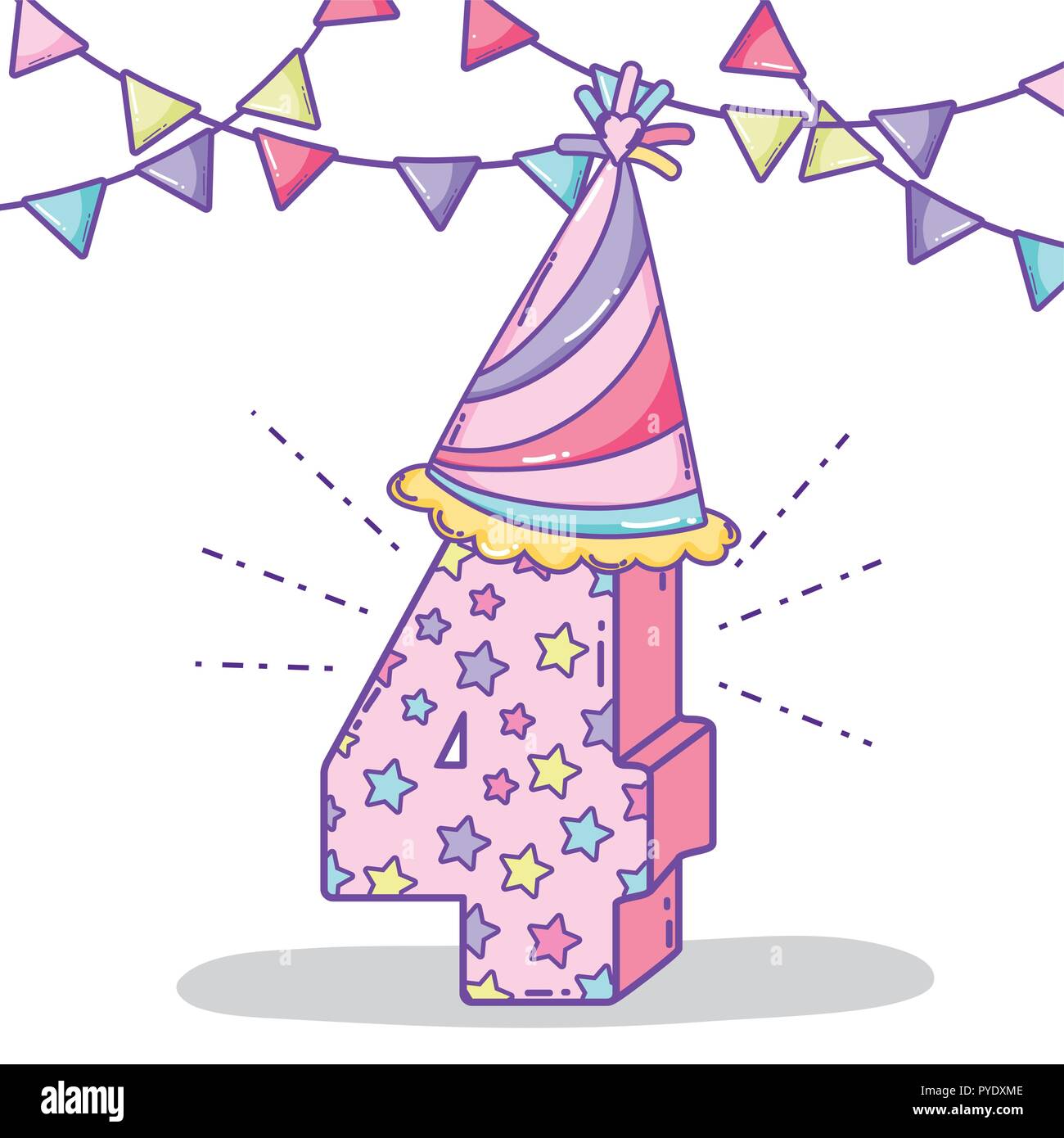birthday celebrate four years with party flags and hat Stock Vector ...