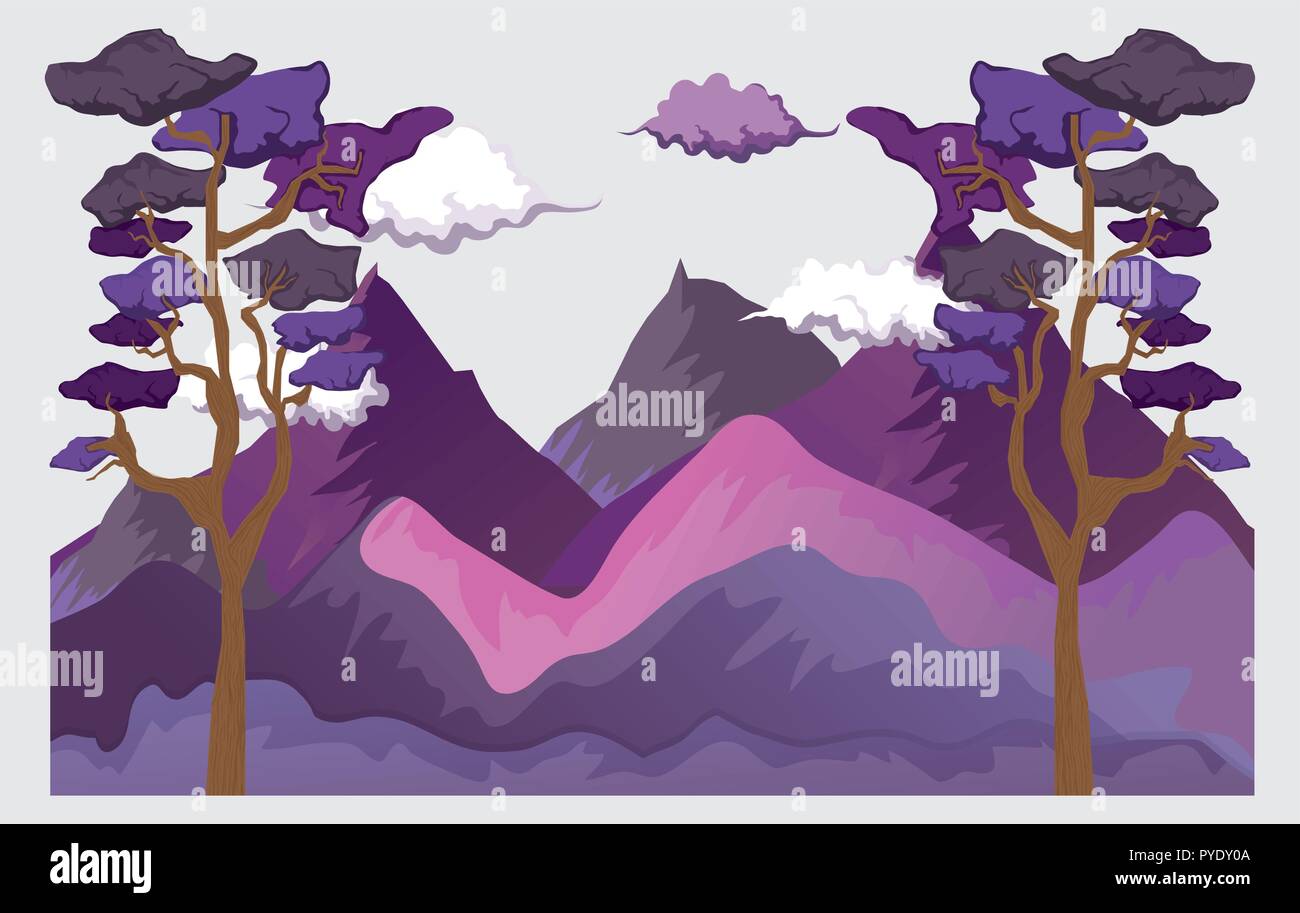 clouds with mountains and trees nature landscape Stock Vector Image ...