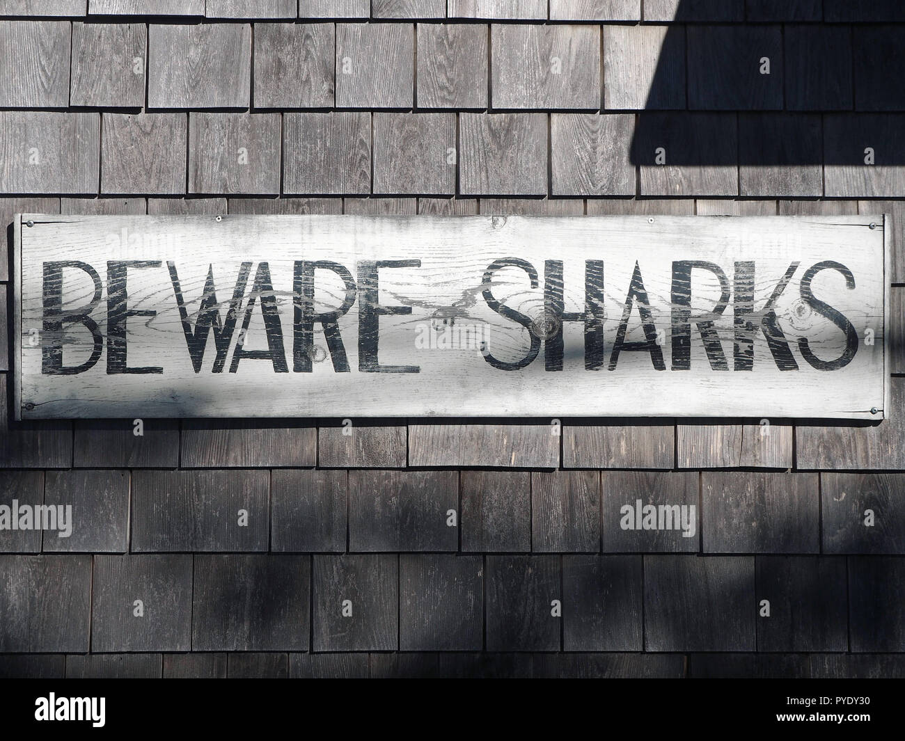 Beware of Sharks sign, Edgartown, Martha's Vineyard, USA Stock Photo ...