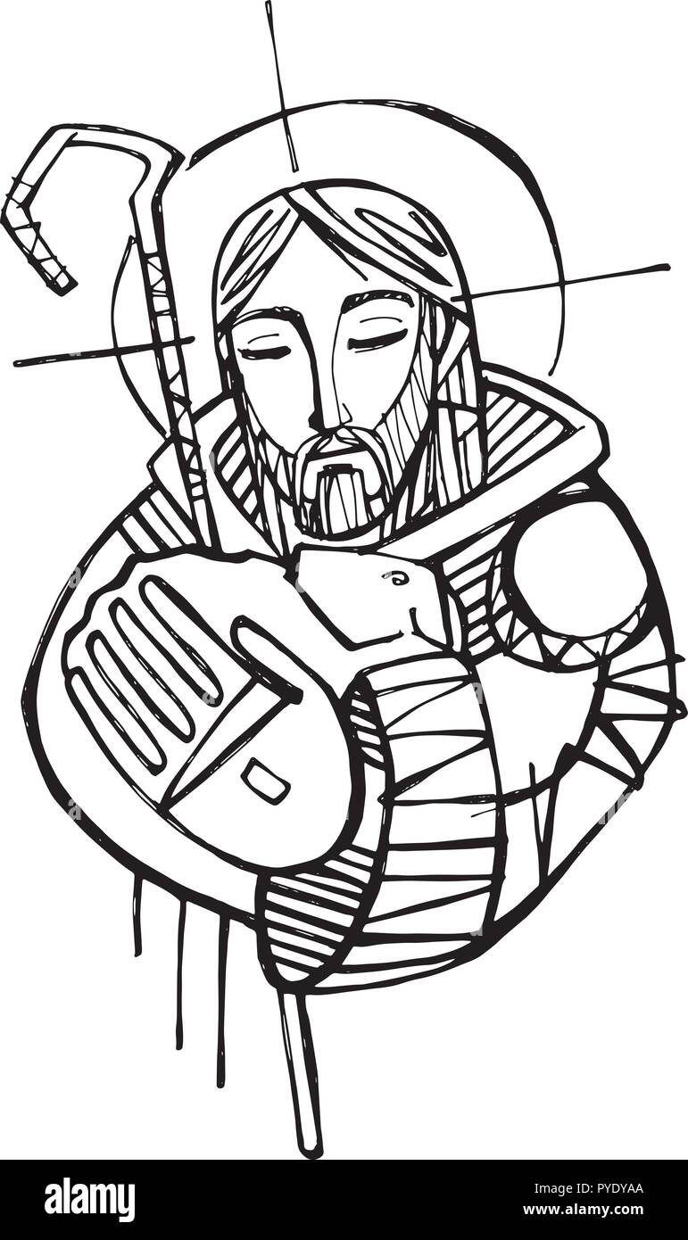 Hand drawn vector illustration or drawing of Jesus Christ Good Shepherd ...