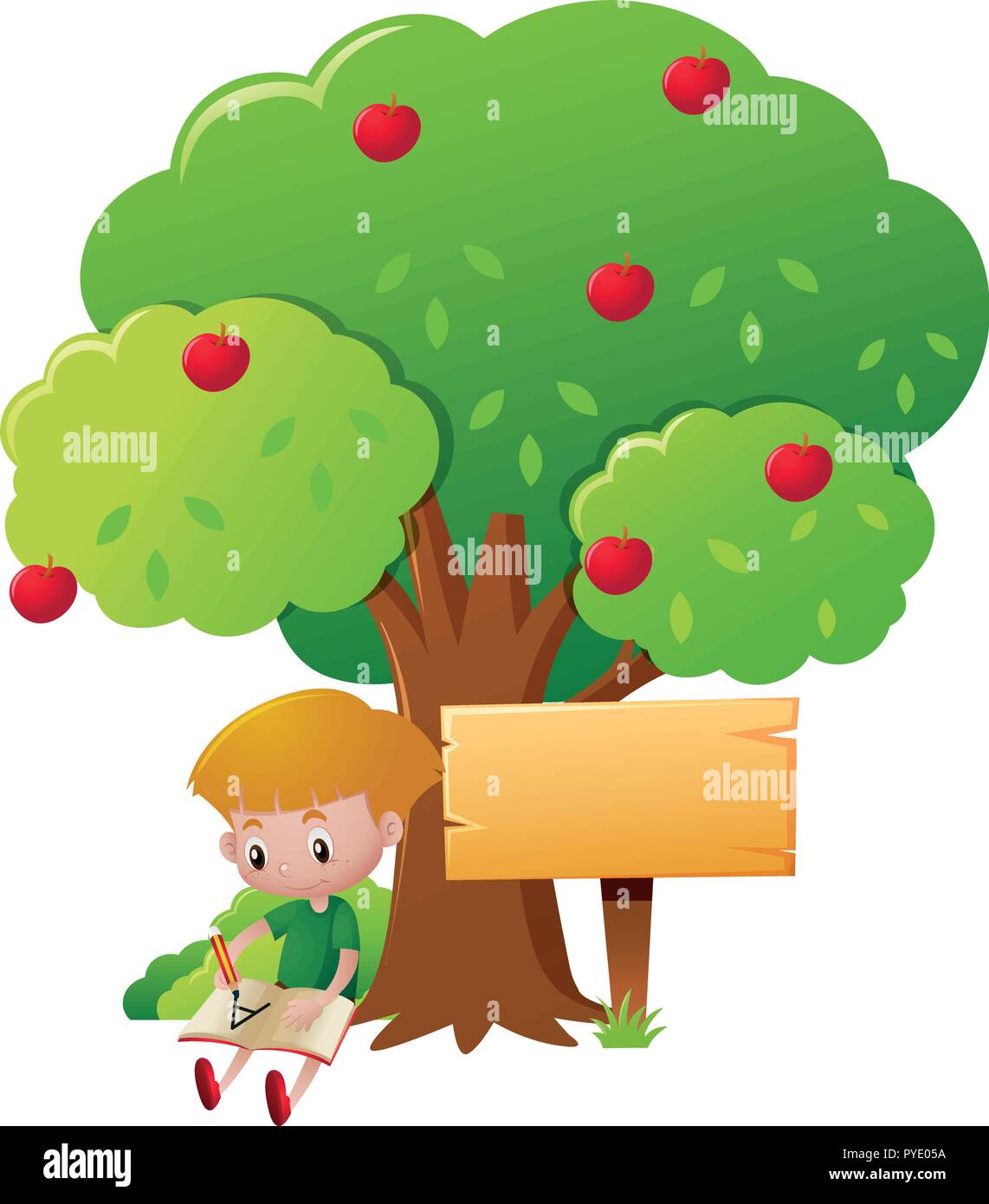 Boy writing under the apple tree illustration Stock Vector Image & Art ...