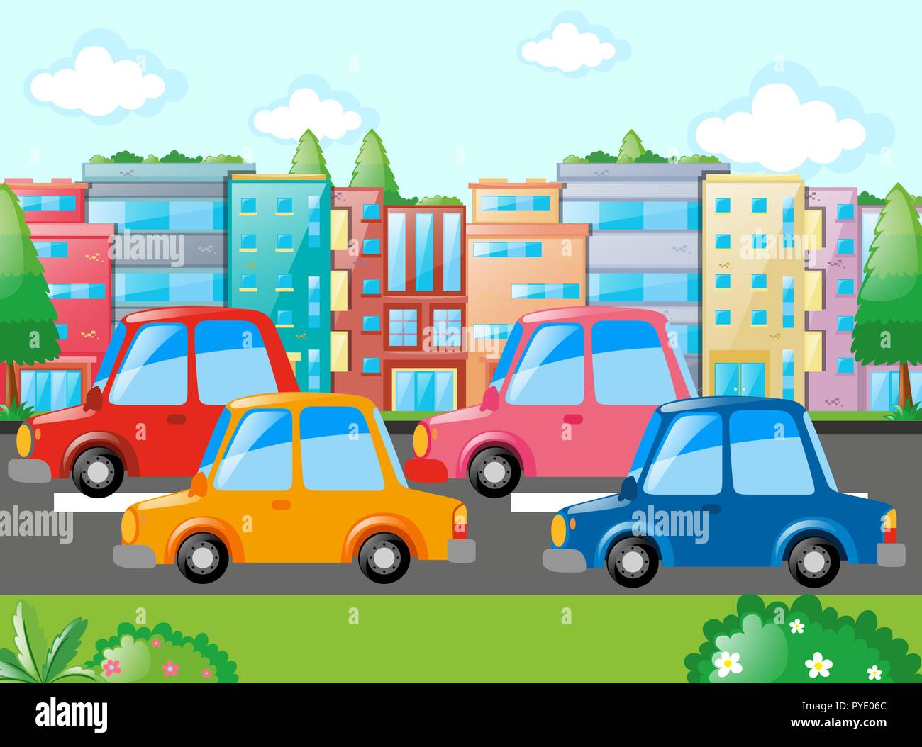 Scene with many cars on road illustration Stock Vector Image & Art - Alamy