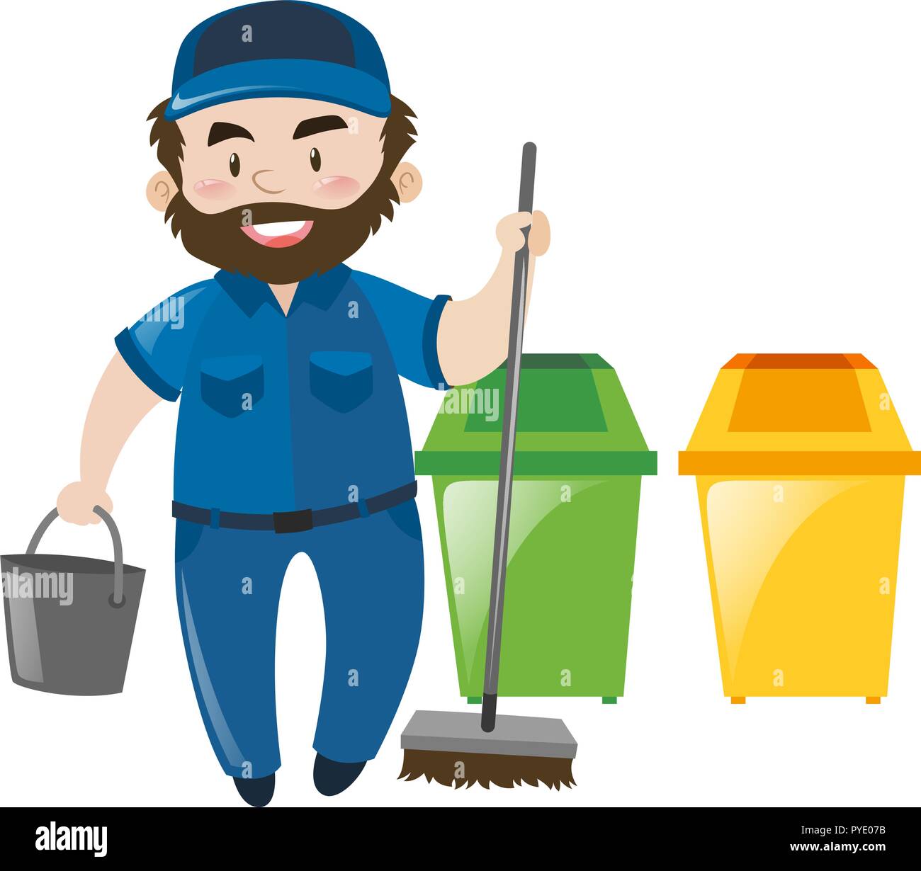 Male janitor with broom and bucket illustration Stock Vector Image ...