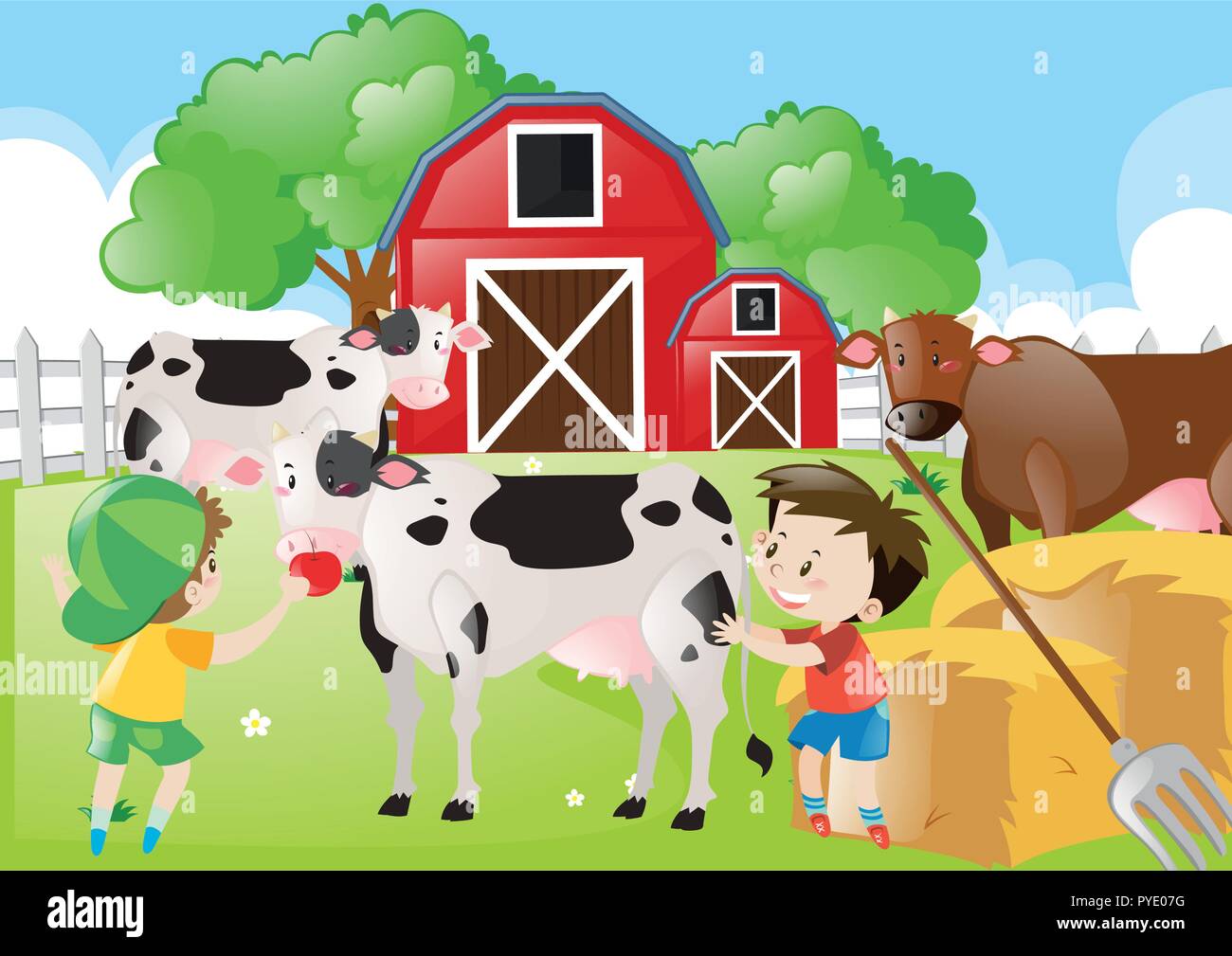 Two boys feeding cows in the farm illustration Stock Vector Image & Art ...