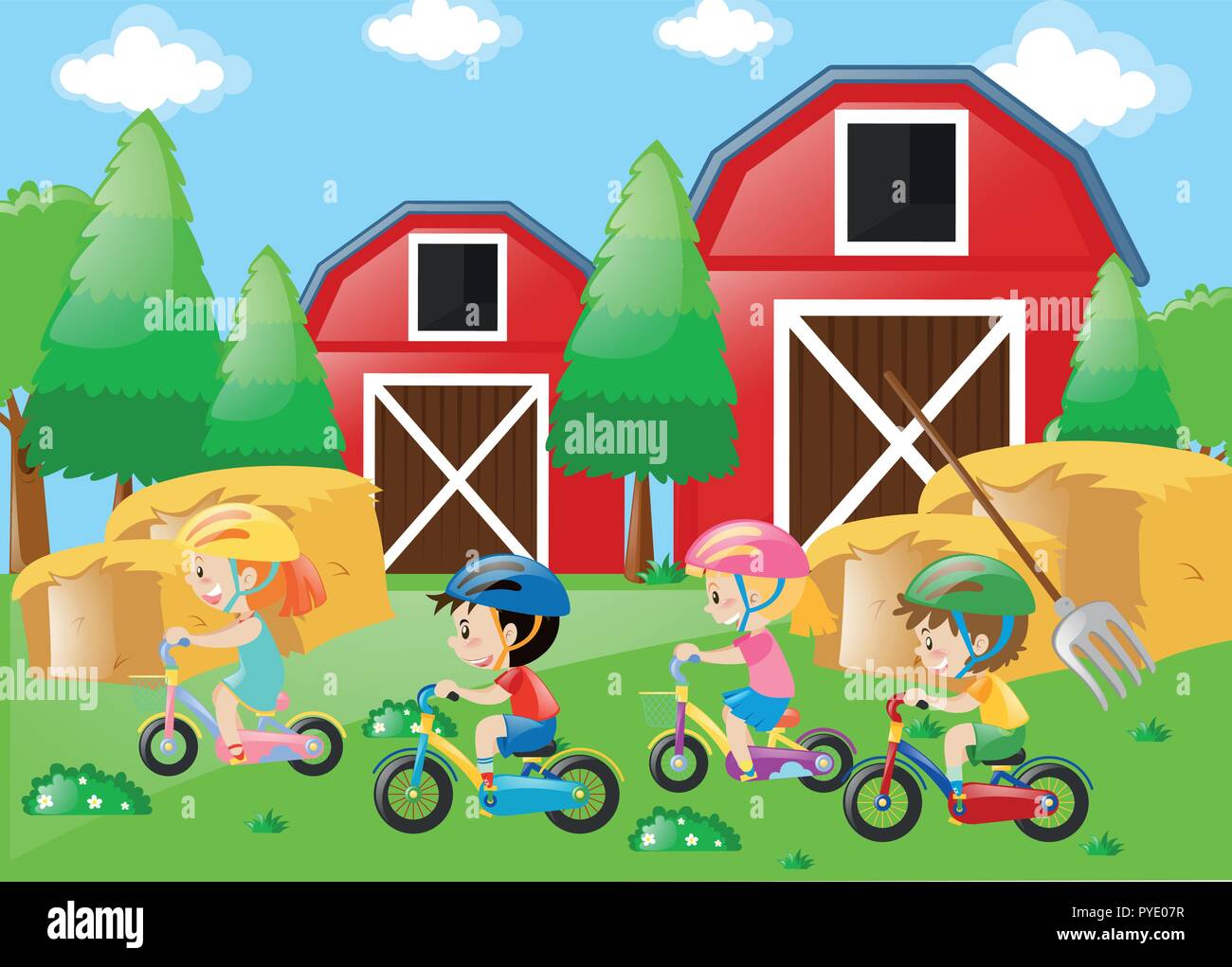 Children riding bike in the farm illustration Stock Vector Image & Art ...