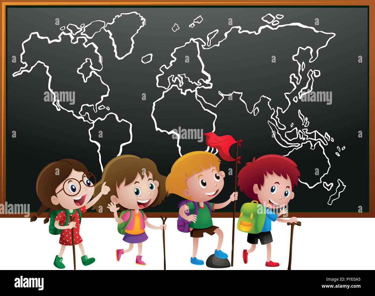 Kids with hiking stick and worldmap on board illustration Stock Vector ...