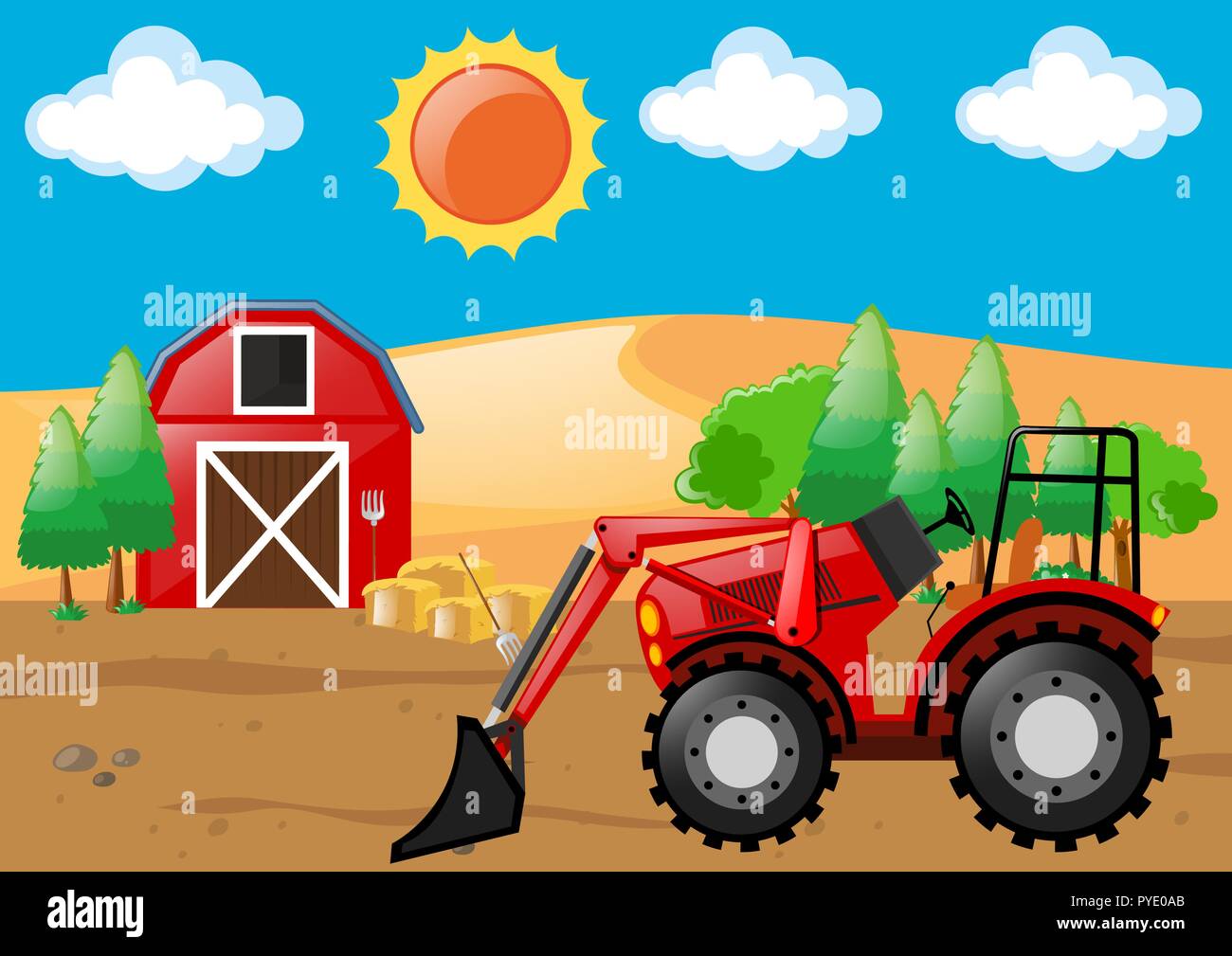 Farm scene with tractor and barn illustration Stock Vector Image & Art ...