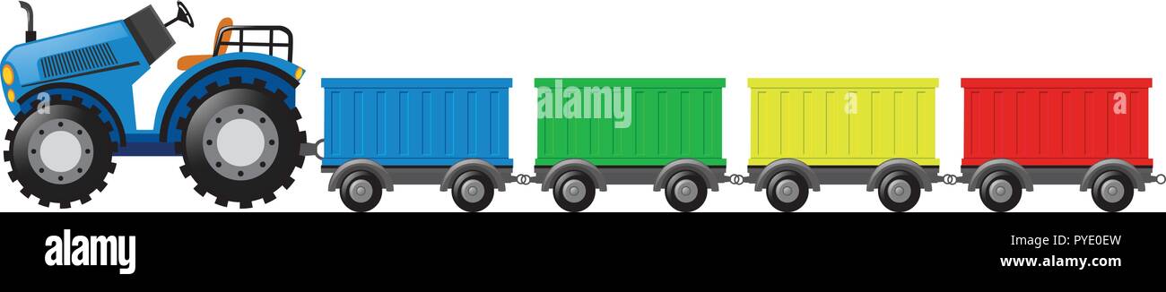 Blue tractor with four wagon carts illustration Stock Vector Image ...
