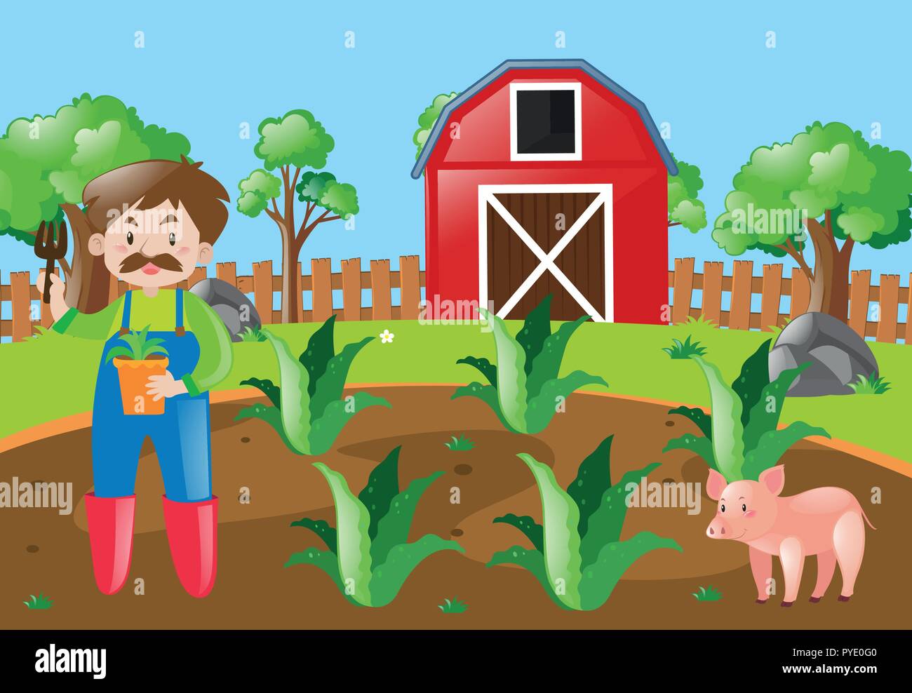 Farm scene with farmer planting in field illustration Stock Vector ...