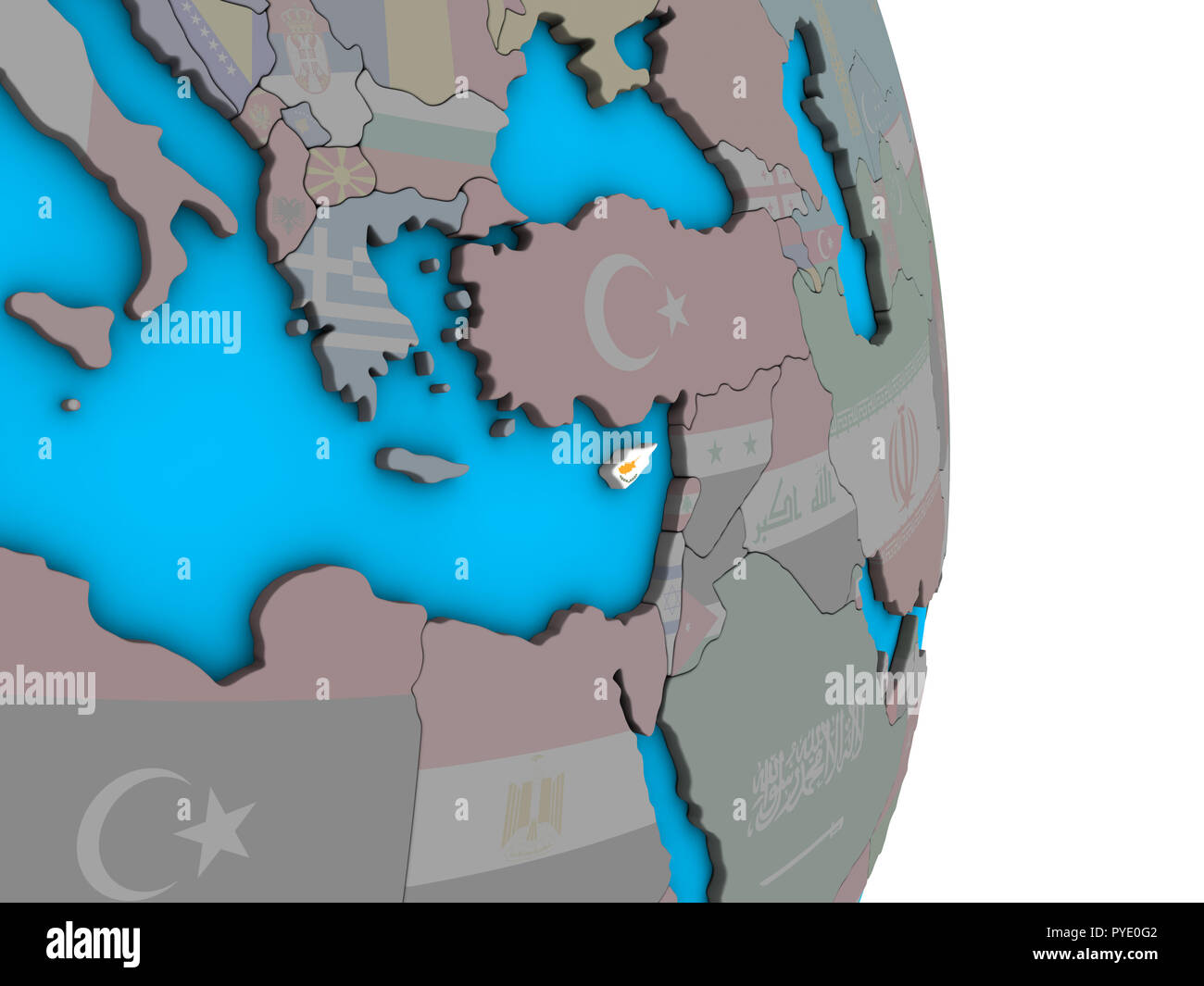 Cyprus with embedded national flag on simple political 3D globe. 3D ...