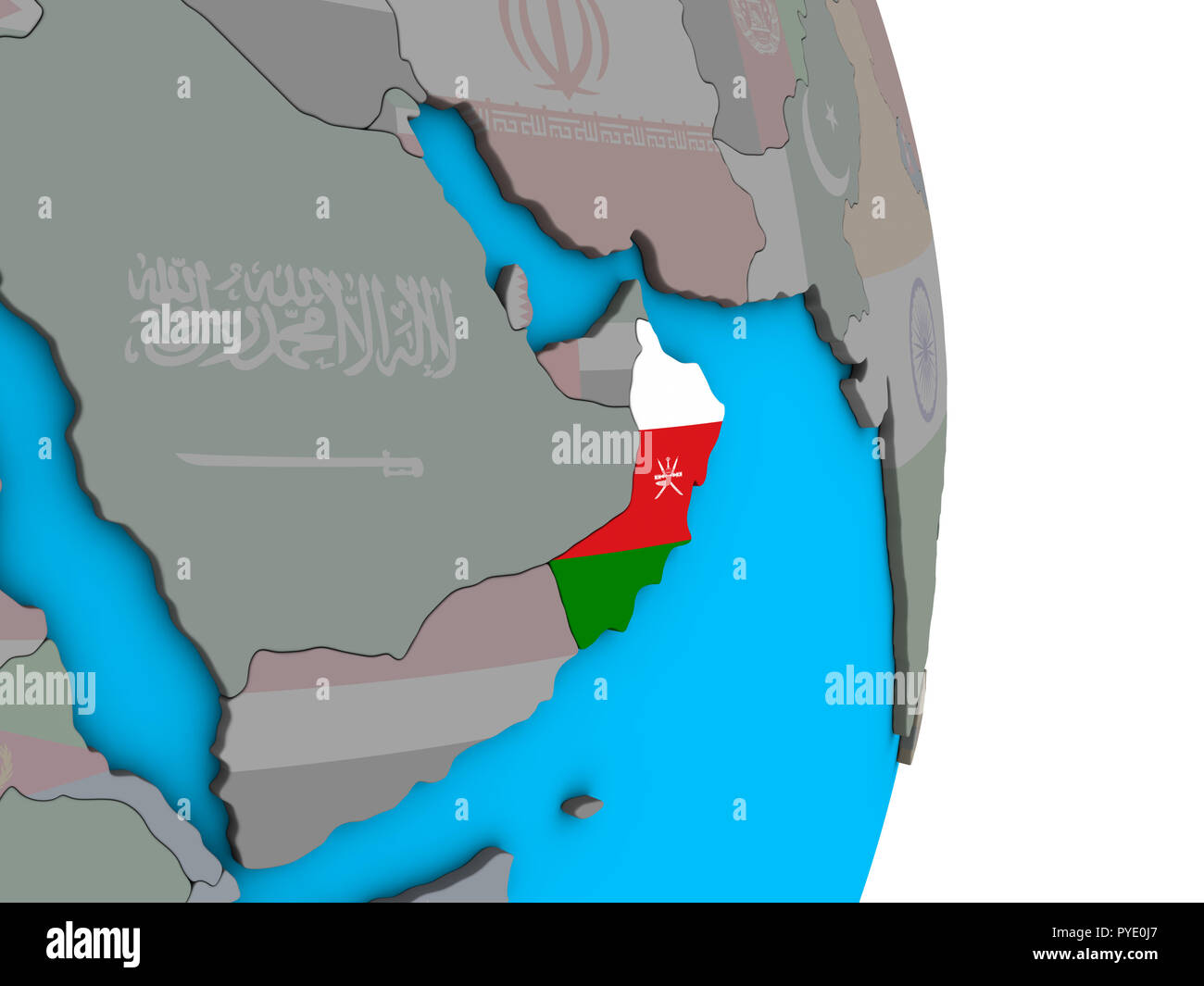 Oman with embedded national flag on simple political 3D globe. 3D ...