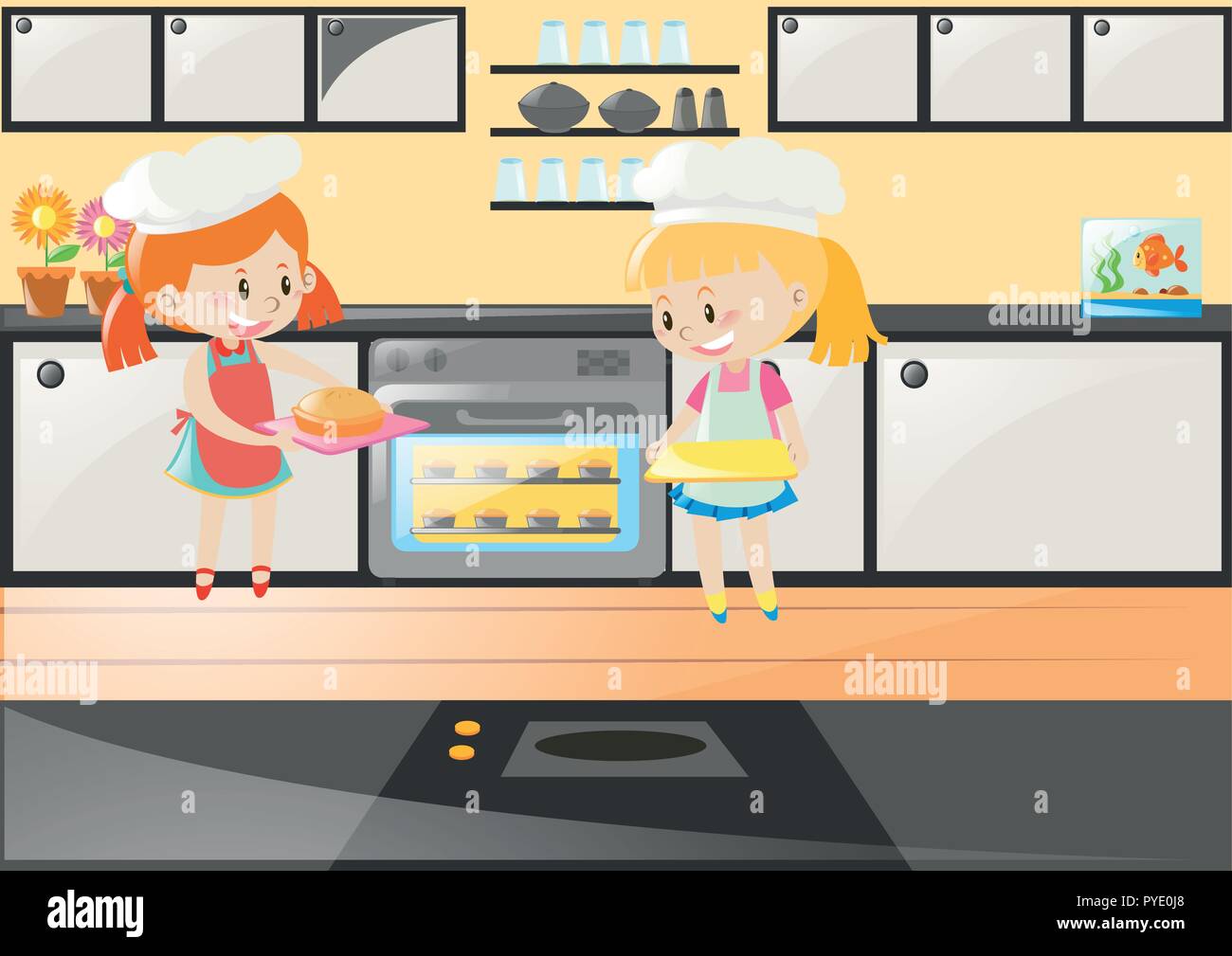 Two girls baking cake in kitchen illustration Stock Vector Image & Art ...