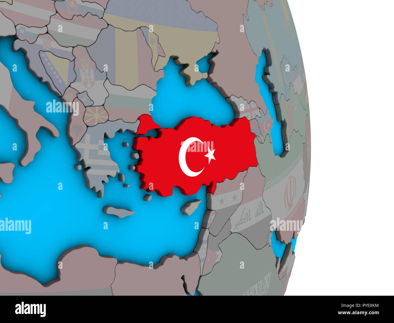 Turkey with embedded national flag on simple political 3D globe. 3D ...