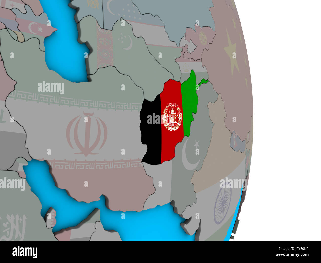 Afghanistan with embedded national flag on simple political 3D globe ...