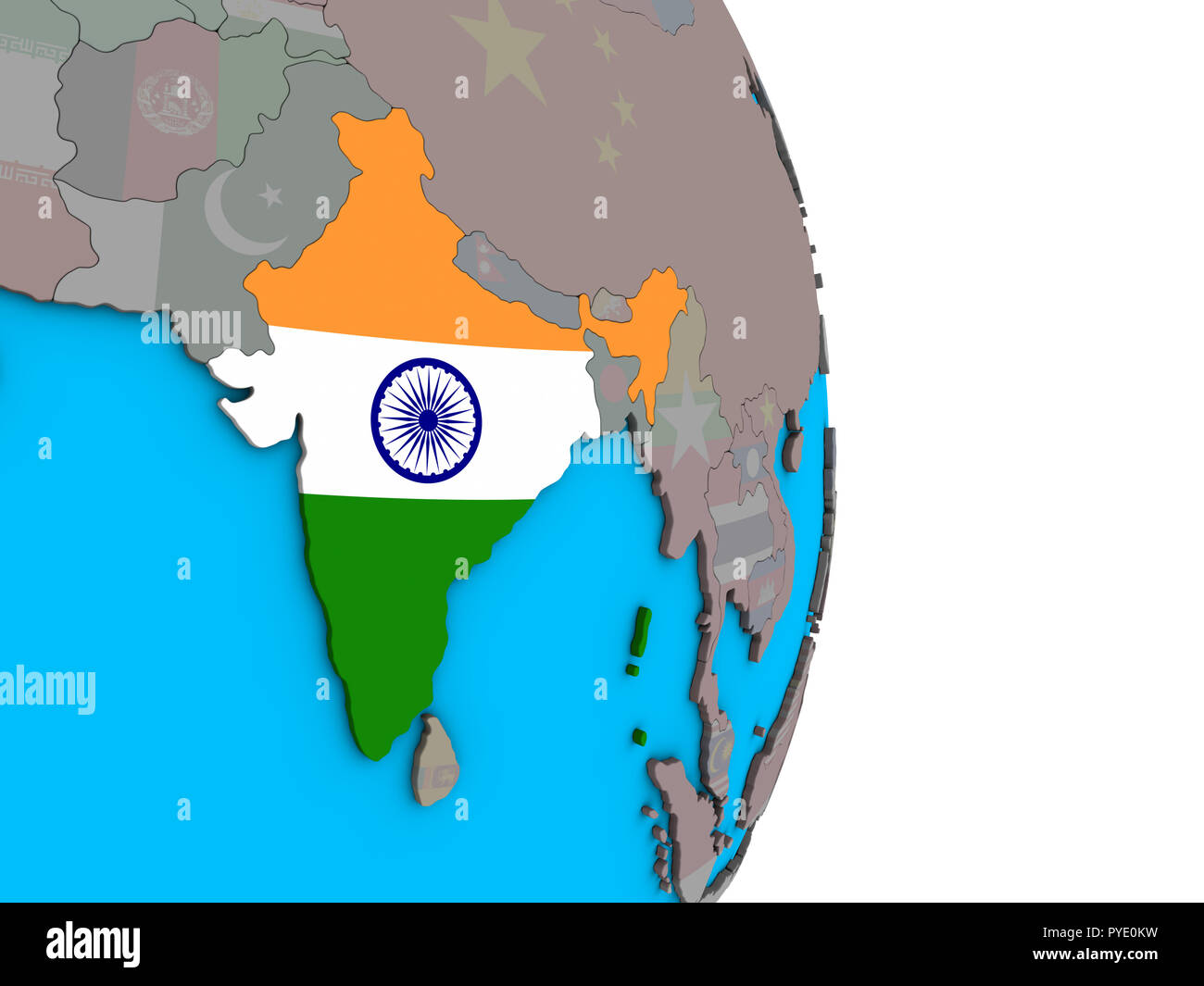 India with embedded national flag on simple political 3D globe. 3D ...