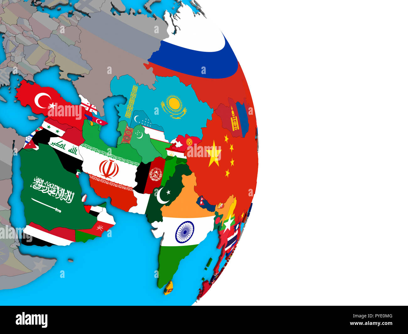 Asia with embedded national flags on simple political 3D globe. 3D ...
