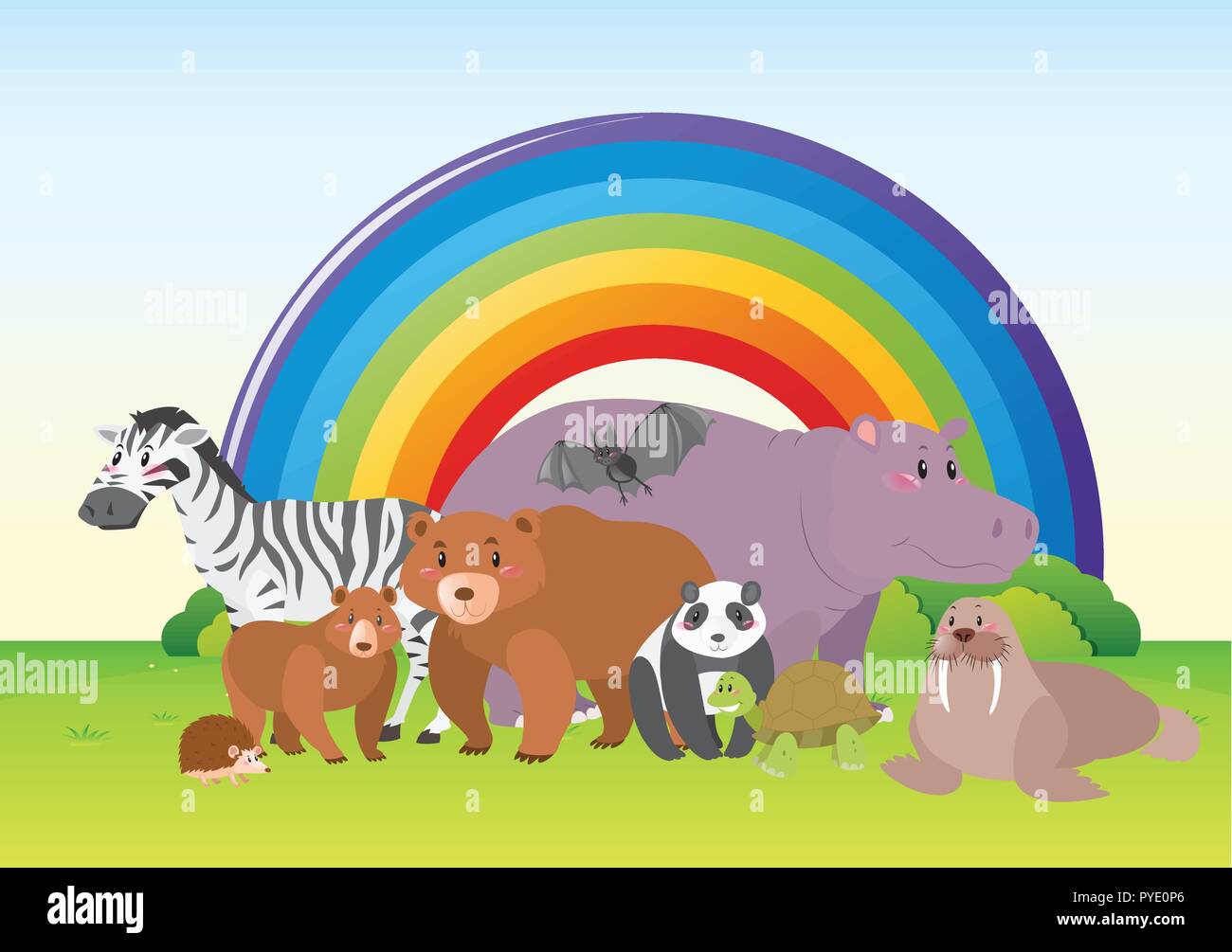 Wild animals in the field with rainbow in background illustration Stock ...