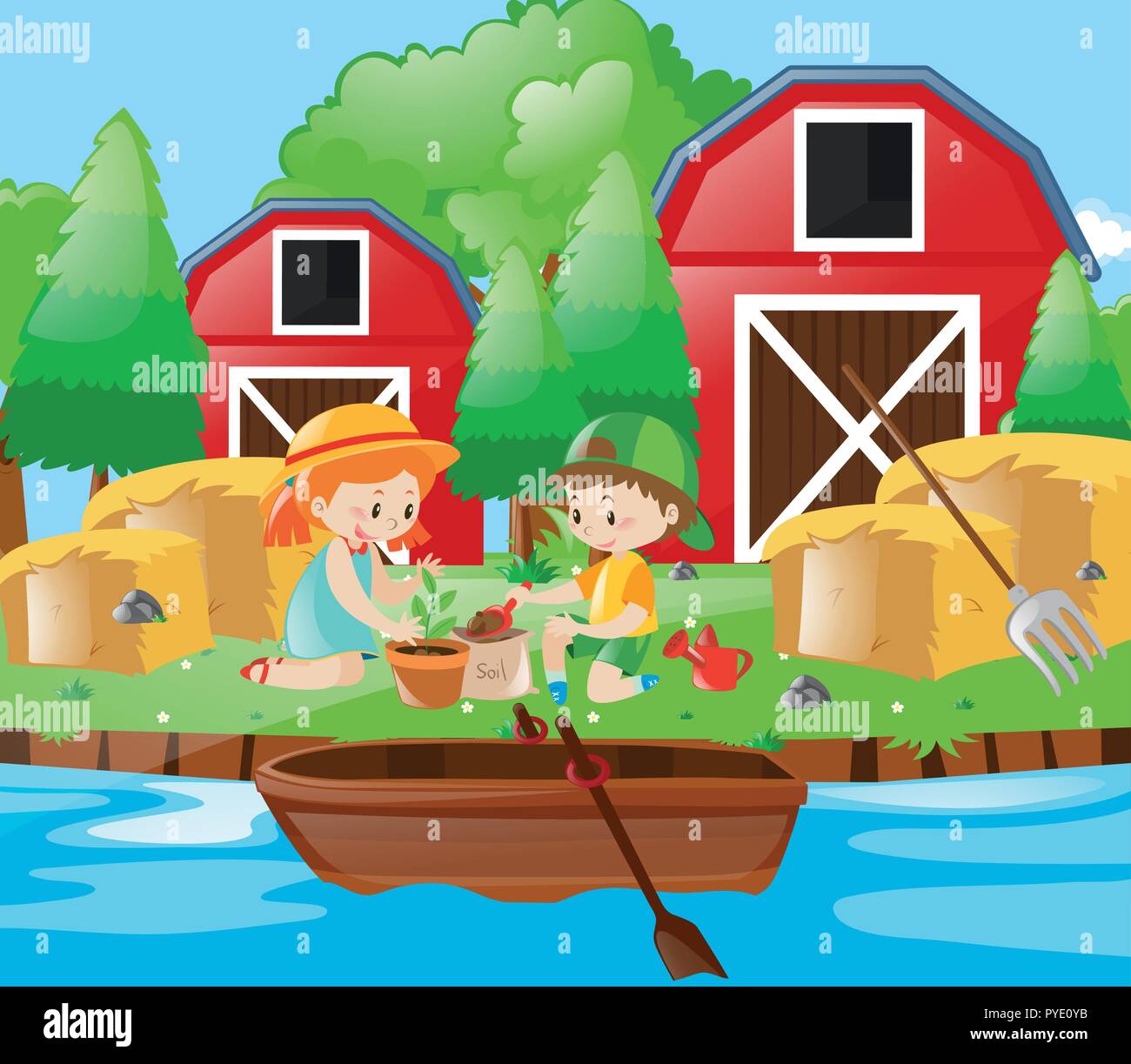 Kids planting tree in the farm illustration Stock Vector Image & Art ...