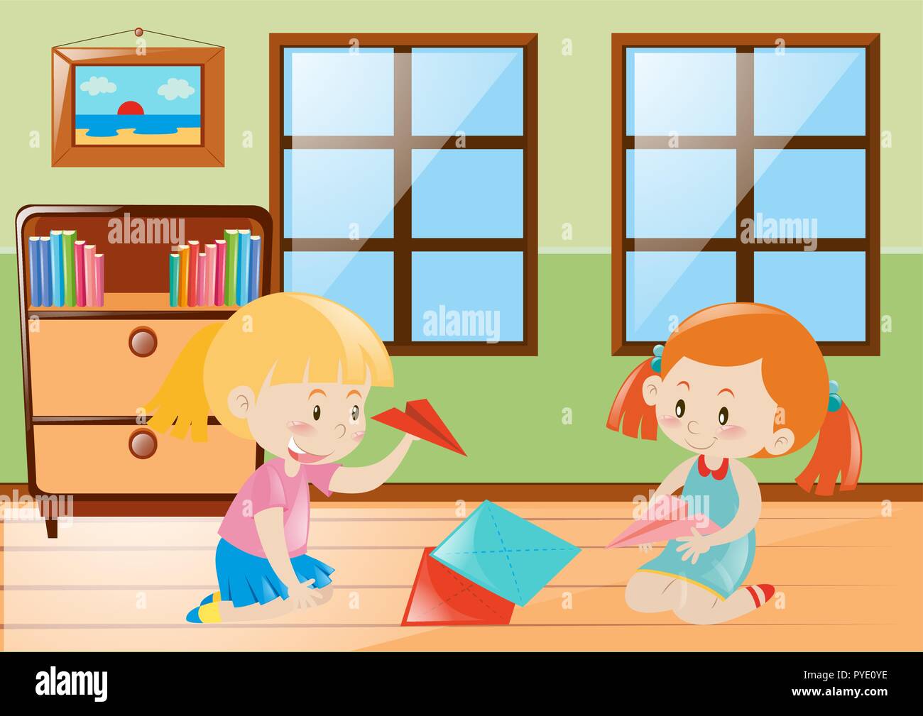 Two girls playing papers in the house illustration Stock Vector Image ...