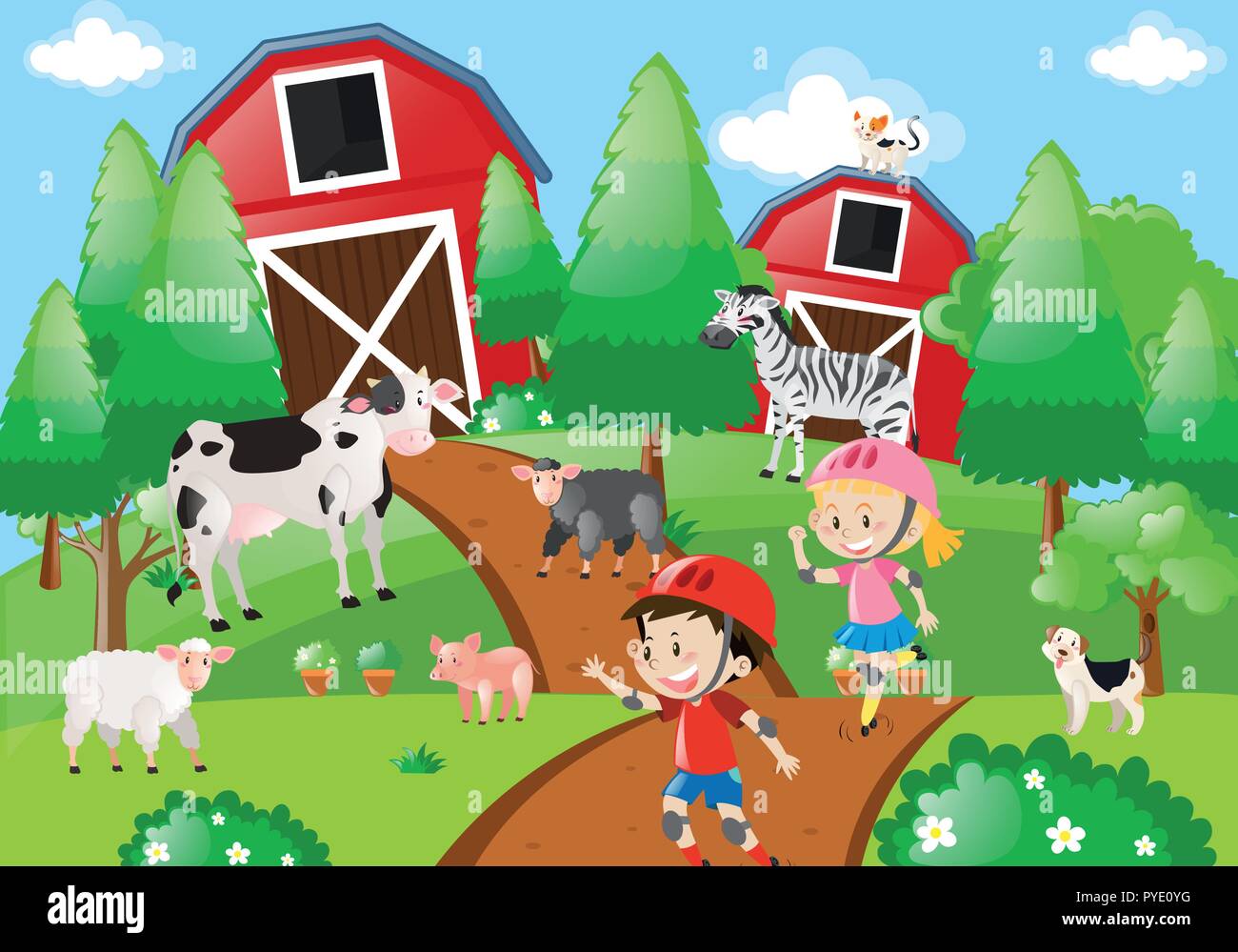 Farm scene with kids skating on the dirt road illustration Stock Vector ...