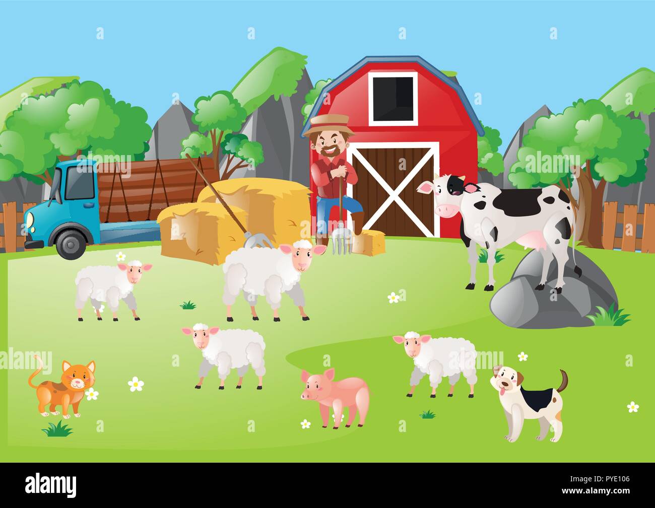 Scene with farmer and animals in the field illustration Stock Vector ...