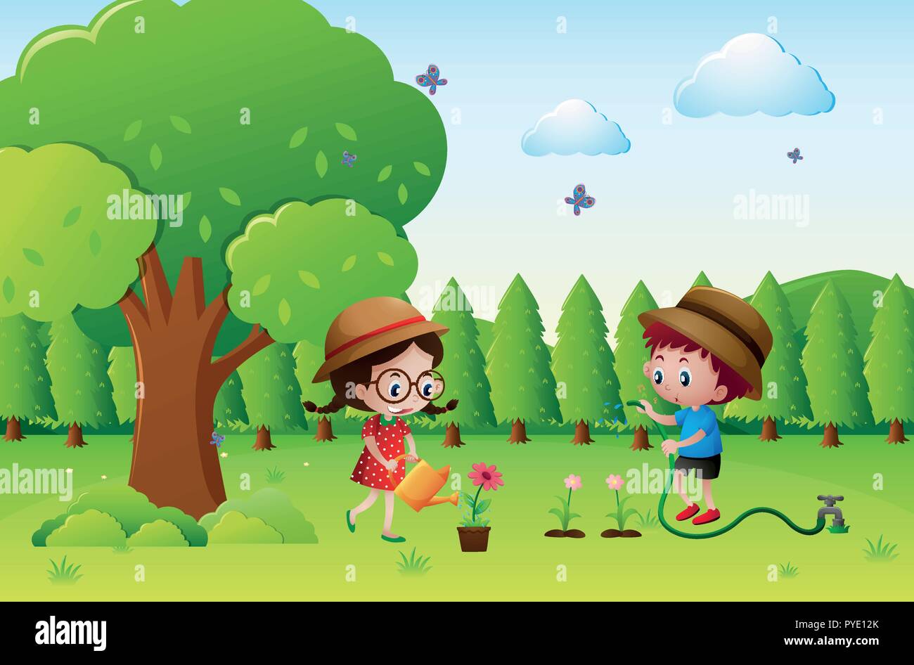 Kids watering plants in garden illustration Stock Vector Image & Art ...