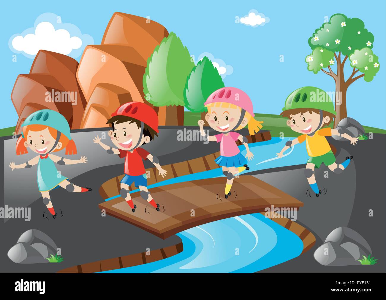 Boys and girls rollerskating in the park illustration Stock Vector ...