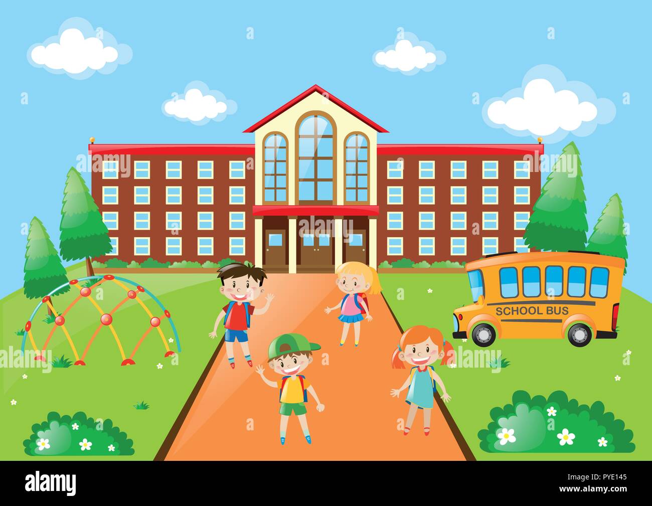 Students and school bus at school illustration Stock Vector Image & Art ...