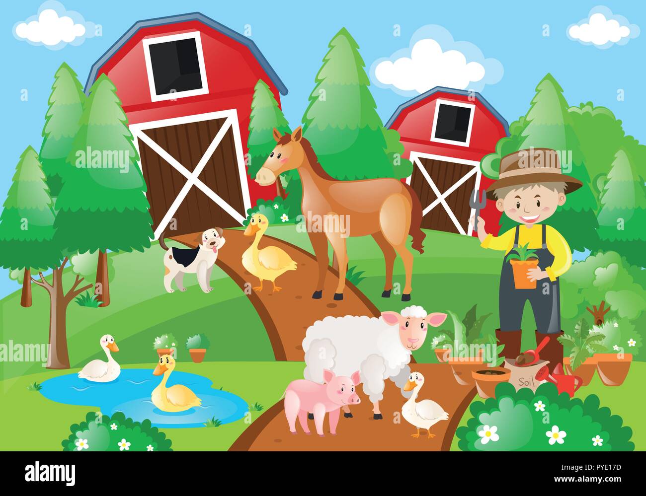 Farm scene with farmer and animals illustration Stock Vector Image ...