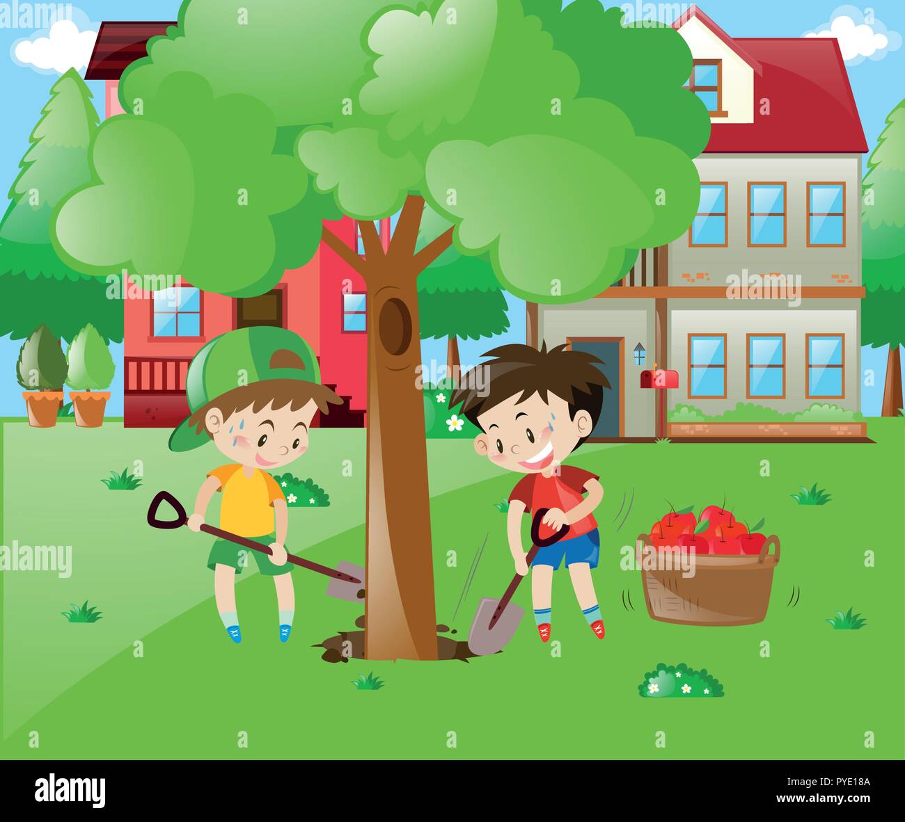 Two boys planting big tree in the garden illustration Stock Vector ...