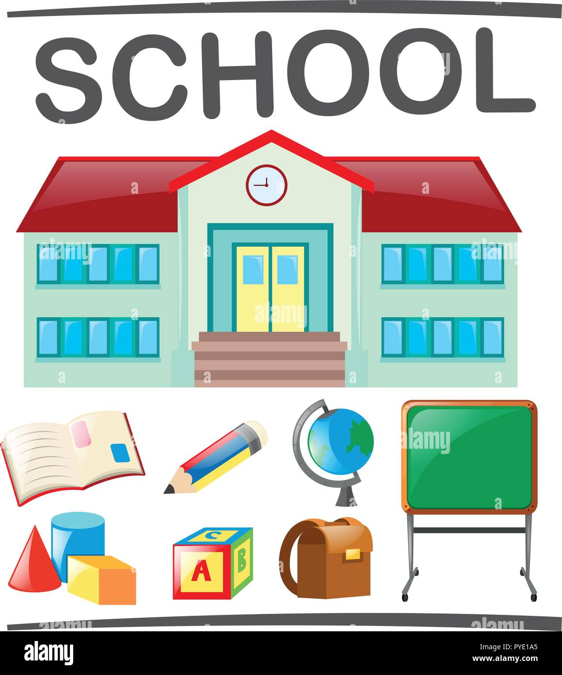 School set with school building and objects illustration Stock Vector ...