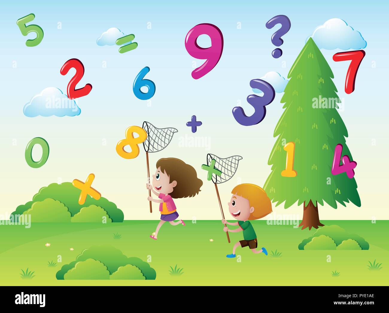 Two kids catching numbers in the sky illustration Stock Vector Image ...