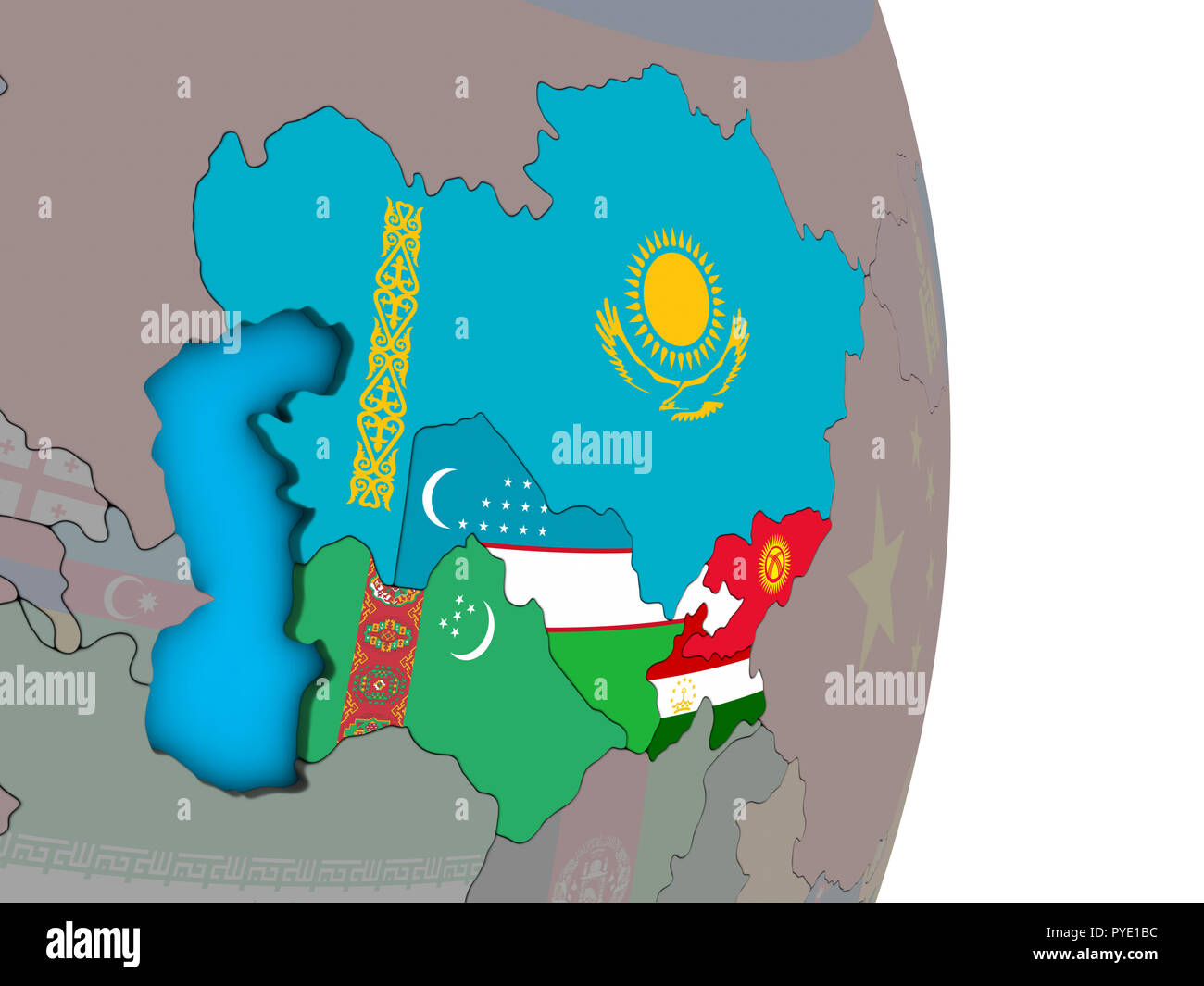 Central Asia with embedded national flags on simple political 3D globe ...
