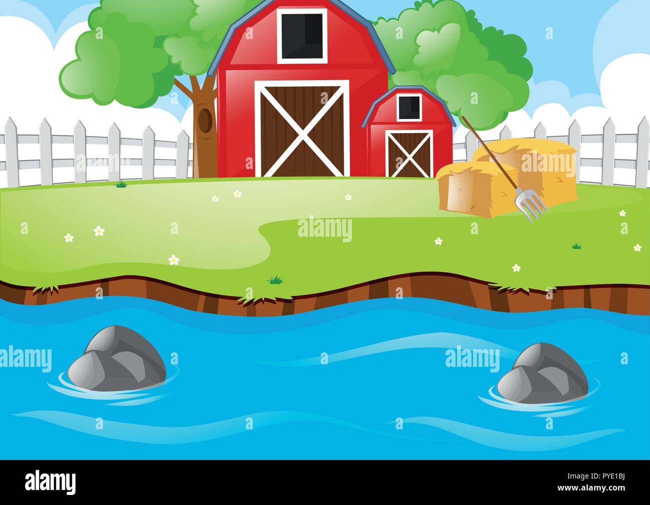 Scene with barns and river illustration Stock Vector Image & Art - Alamy